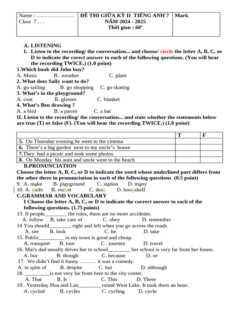 De Thi GK2 Anh 7 CD de 2 | PDF | Actor