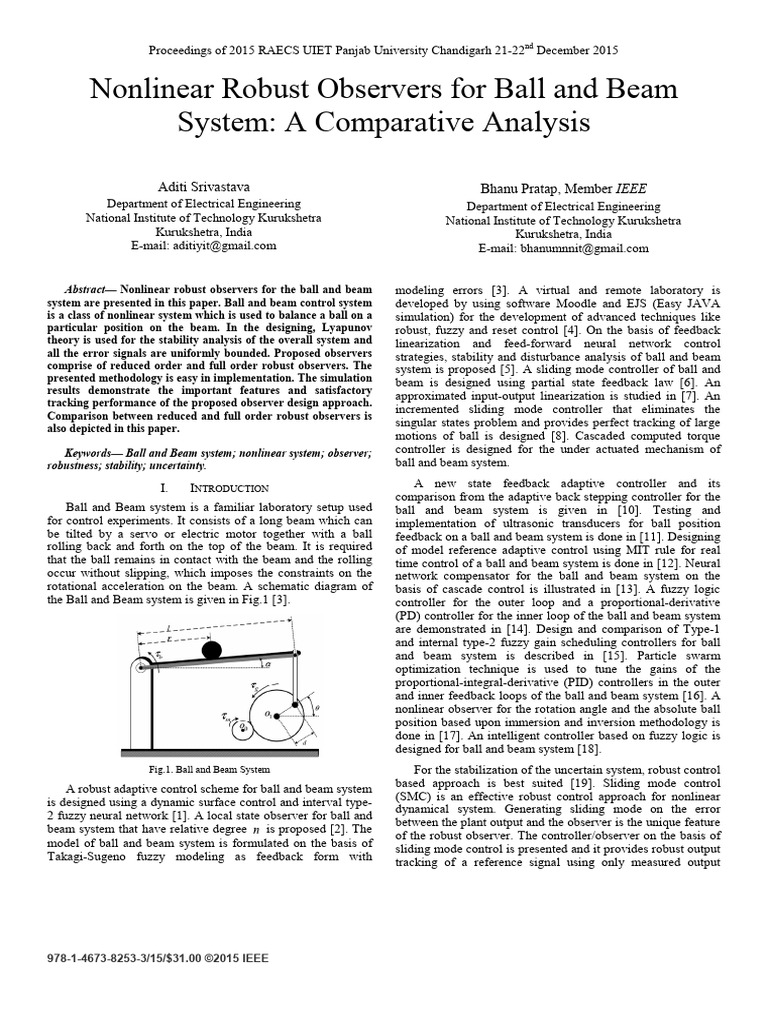 Nonlinear Robust Observers for Ball and Beam | PDF | Control Theory | Mechanics