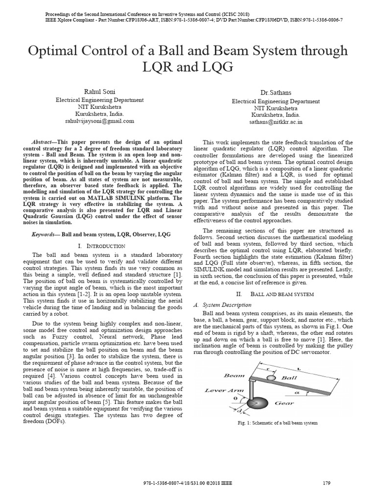 Optimal Control of A Ball and Beam System Through LQR and LQG | PDF ...