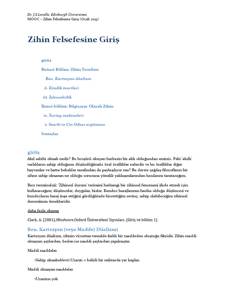 Felsefe 4. hafta ilk bölüm_ Zihin, bilgisayar | PDF