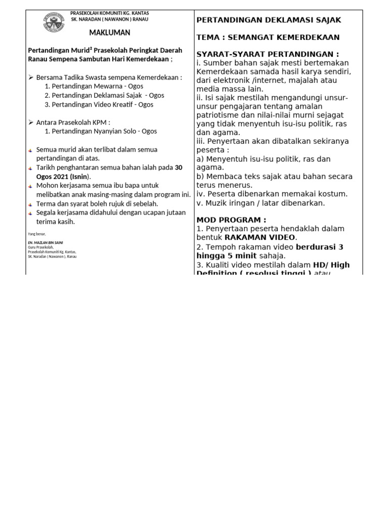 1 Memo Prakom Kantas 2021 Program Merdeka | PDF