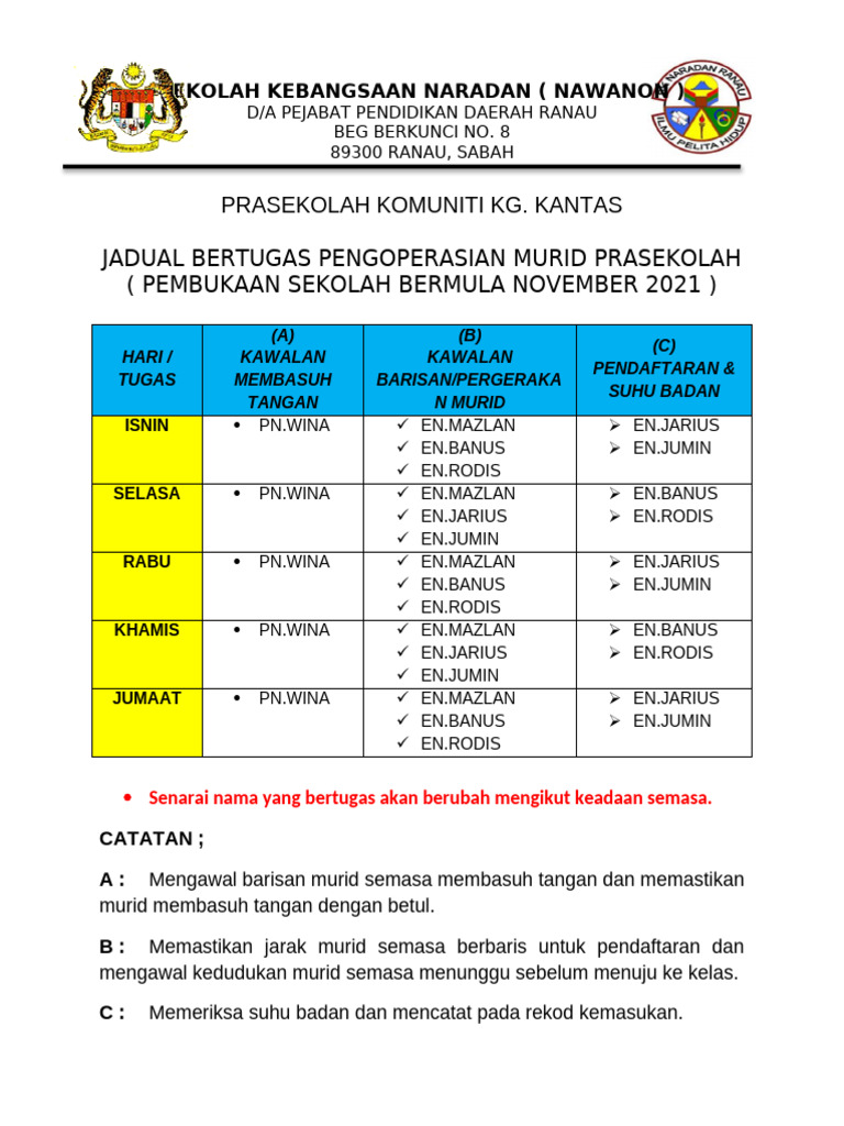 Jadual Bertugas Check Suhu Prakom Kantas Nov 2021 | PDF