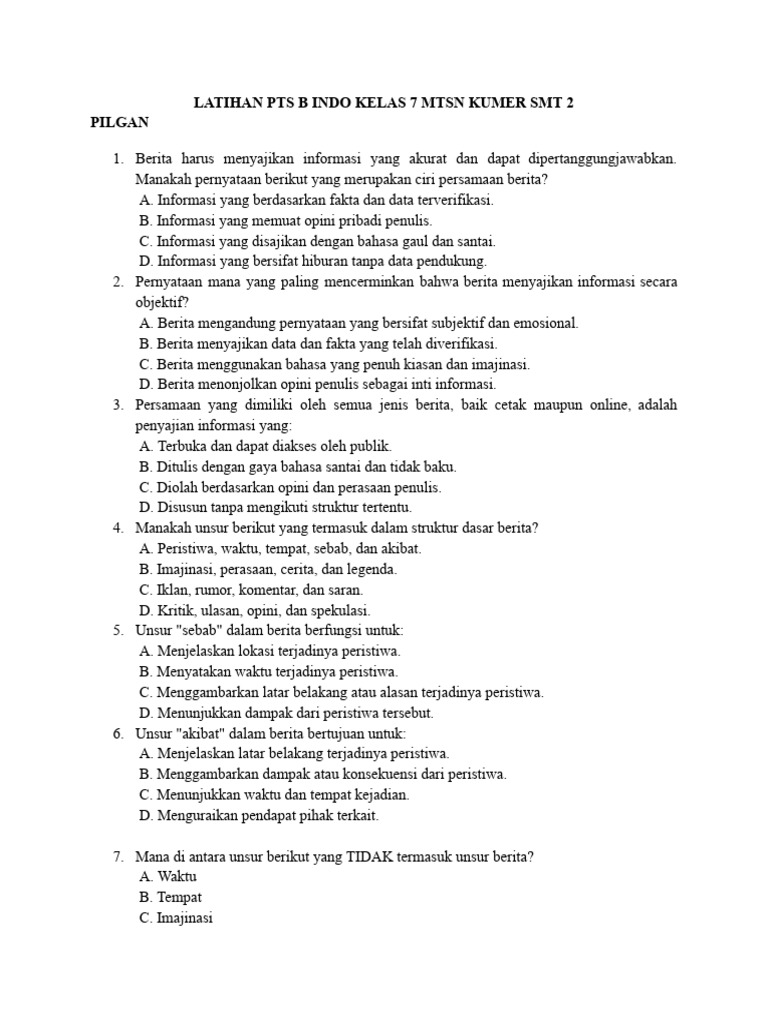 Latihan PTS B Indo Kelas 7 MTSN Kumer SMT 2 | PDF