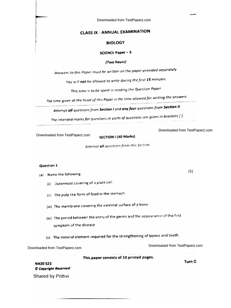 ICSE9 Bio Hills Board Paper 2020 | PDF