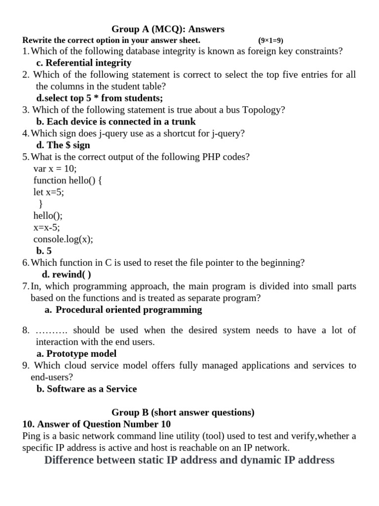 Answer Key of Model Set 1 | PDF | Computer Network | Educational Technology