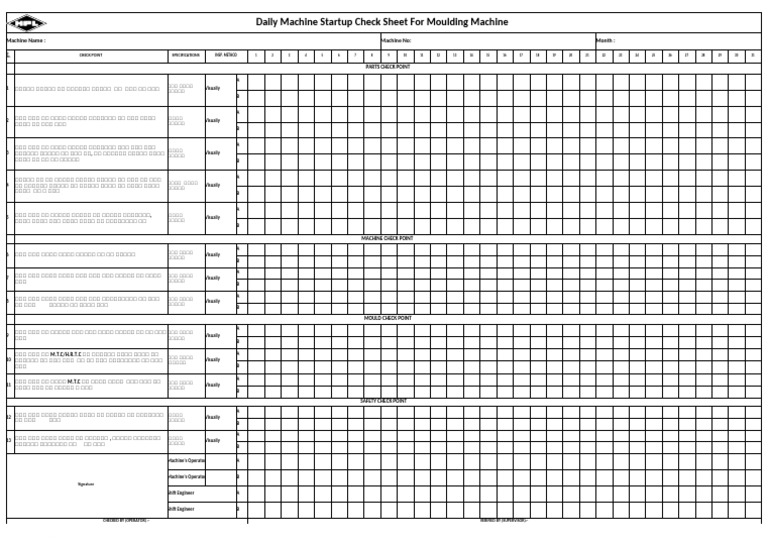 JSG II IM PST 01 Daily Machine Startup Check Sheet New | PDF