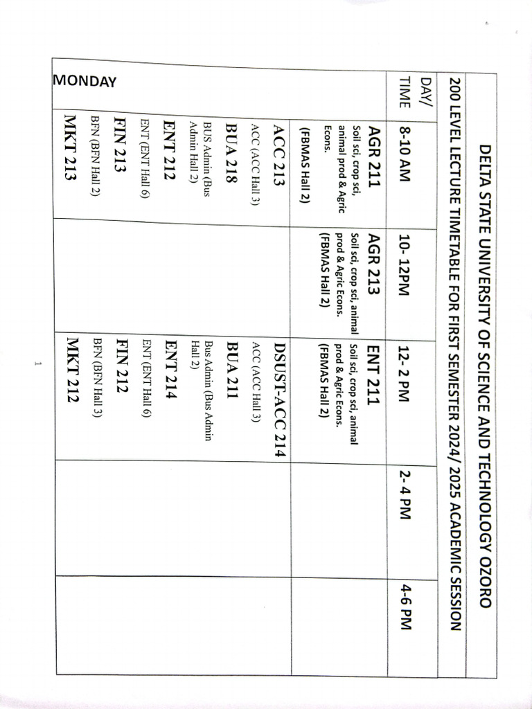 General Lecture Timetable For 200L First Semester | PDF