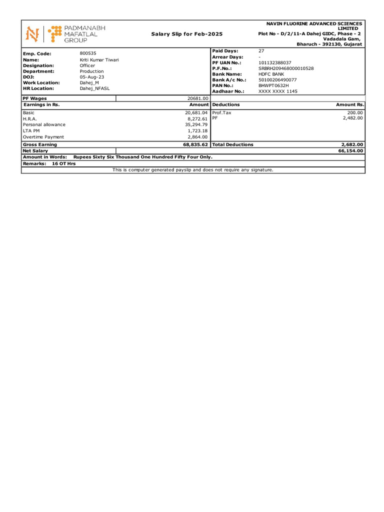 Payslip NFASL 022025 800535 | PDF | Working Conditions | Factor Income ...