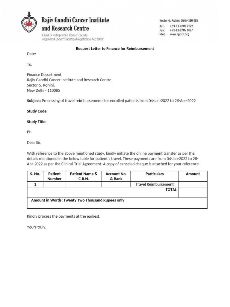 Template - Request Letter To Finance For Reimbursement | PDF