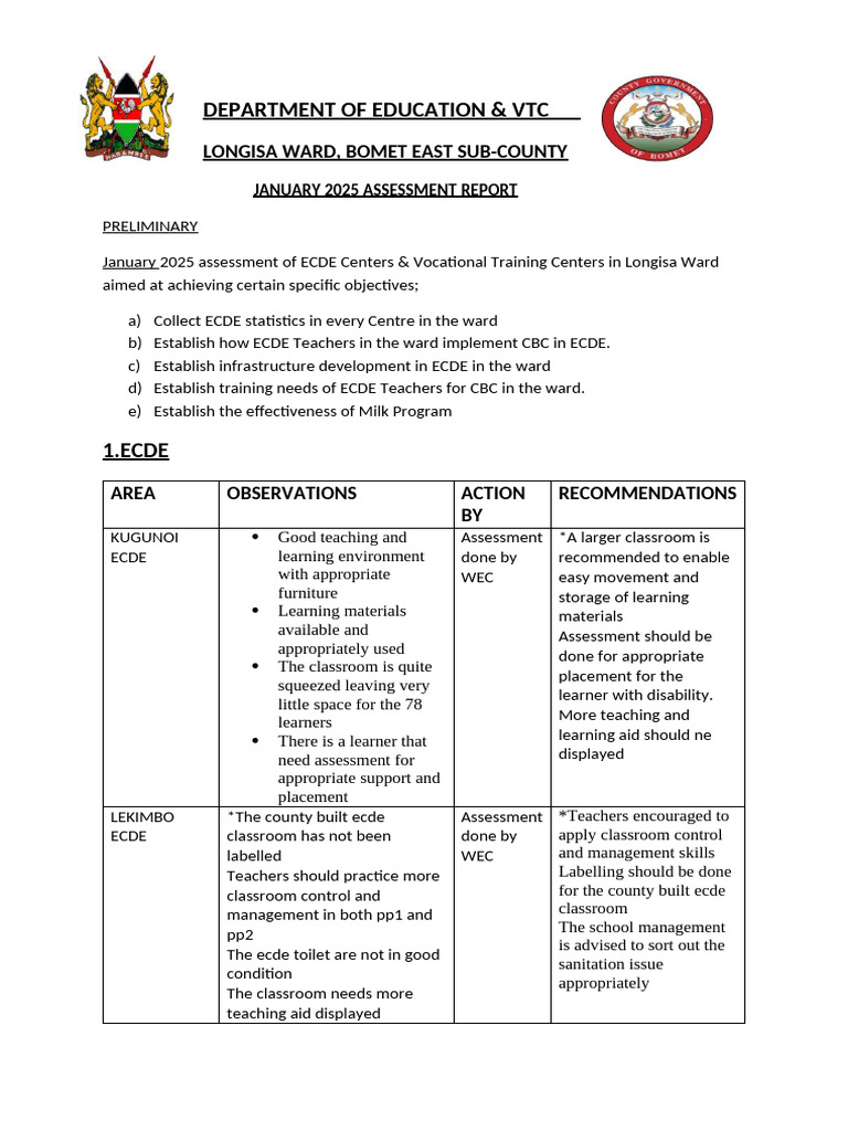 January 2025 ECDE & VTC Assessment Report | PDF | Classroom | Learning