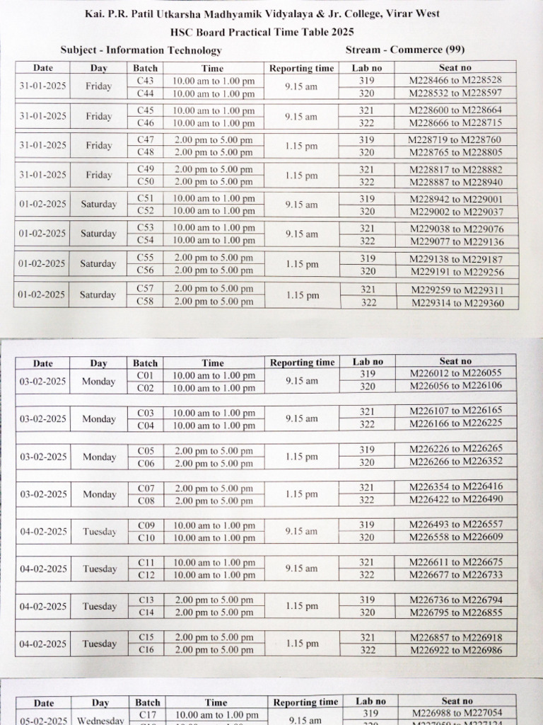 Commerce - HSC It Practical Time Table 2025 | PDF
