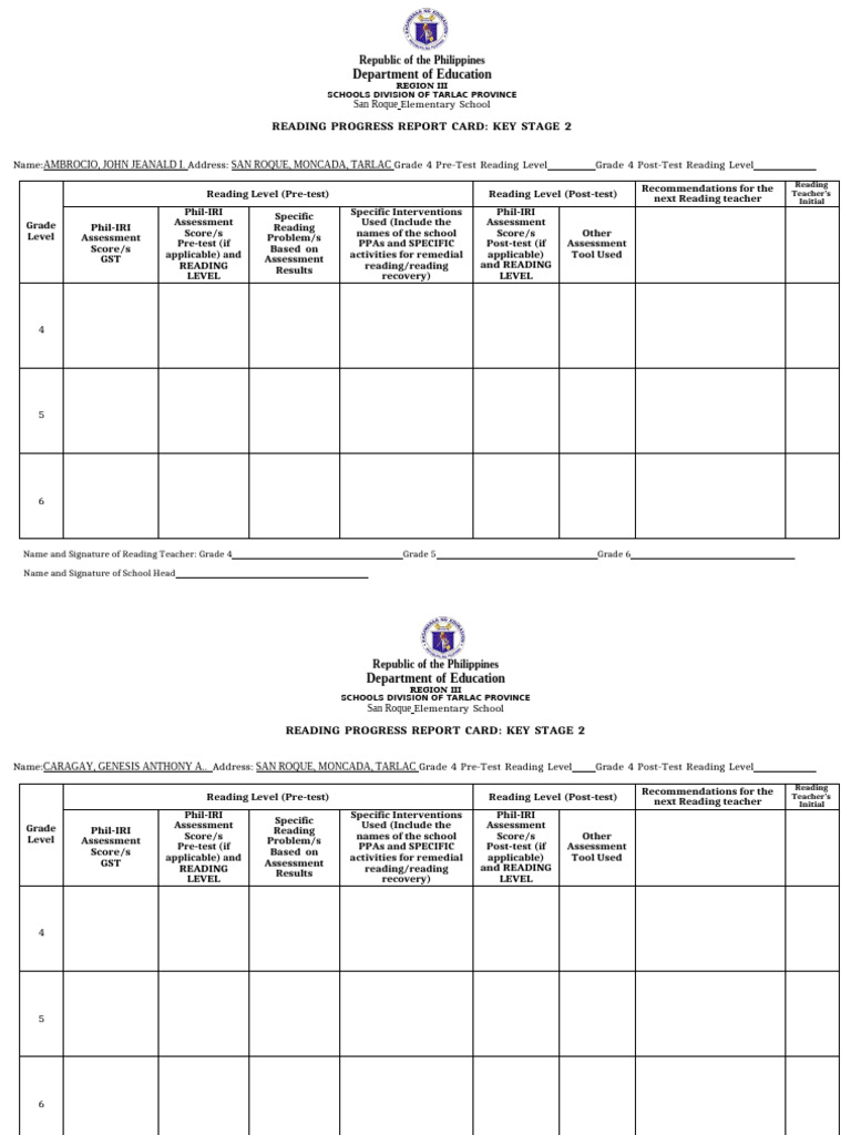 GRADE-4-READING-PROGRESS-REPORT-CARD- | PDF | Philippines | Public ...