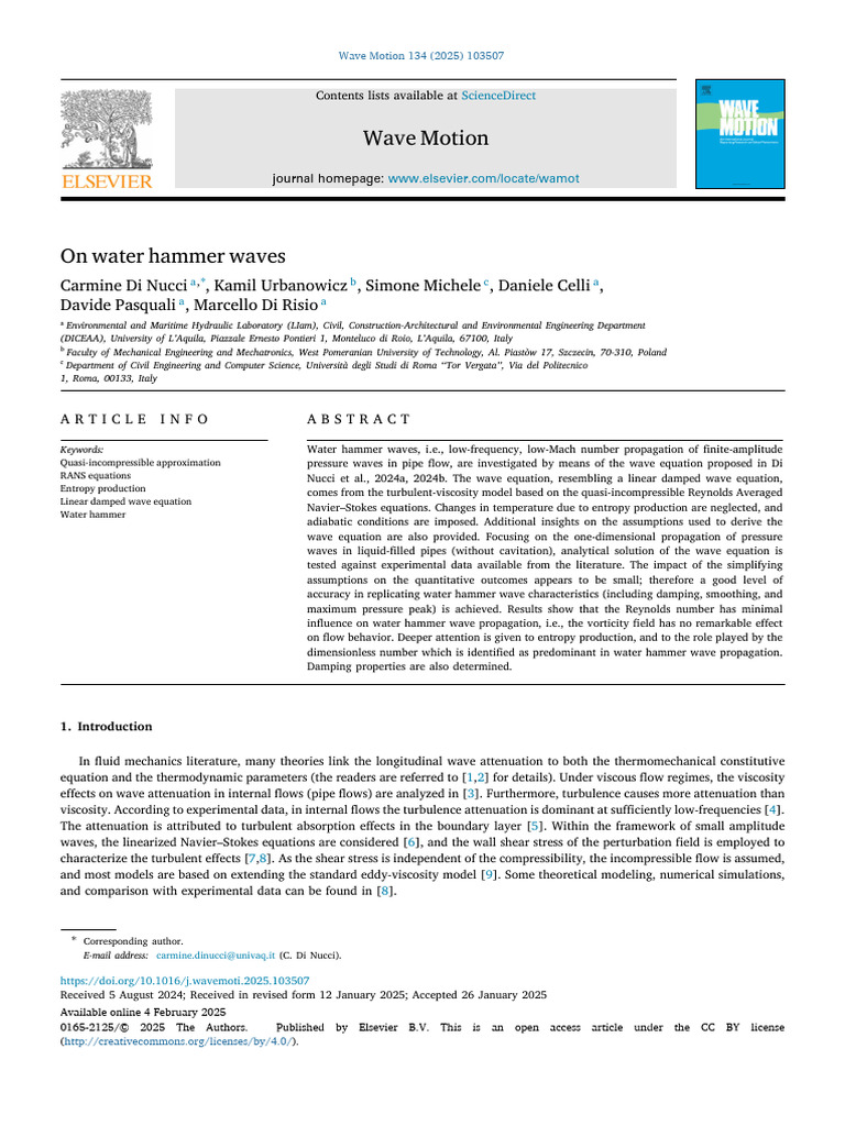 Di Nucci et al - On water hammer waves (2025) | PDF | Fluid Dynamics ...