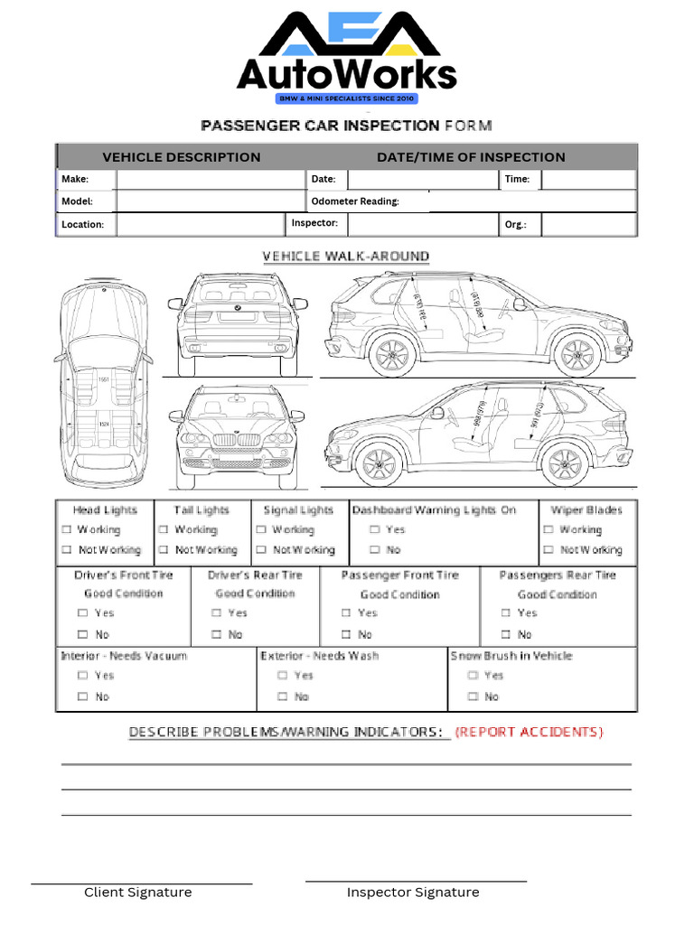 BMW SUV Walk Around Inspection Sheet | PDF