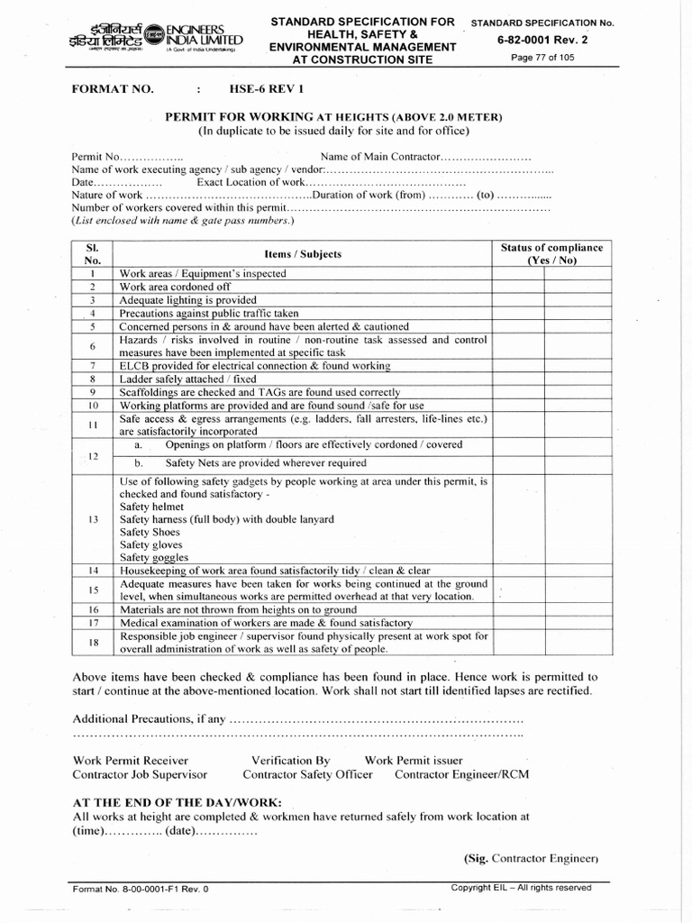 Tem-Eg: Format No. Hse-6 Rev 1 Permit For Working at Heights (Above 2.0 ...