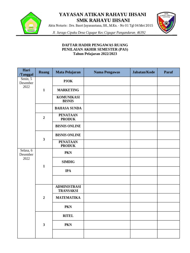 SMK RI Daftar Hadir Pengawas Ruang | PDF
