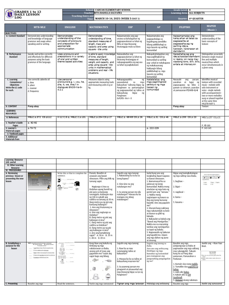 DLL - All Subjects 2 - Q4 - W5 - D1 | PDF
