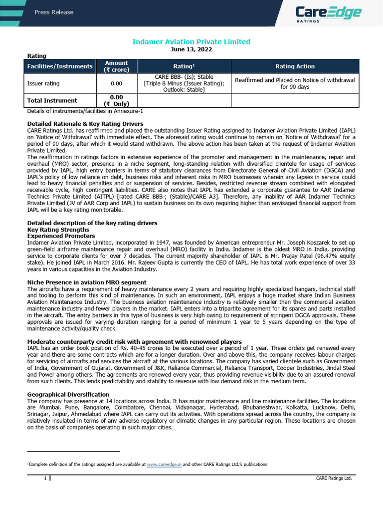 Indamer Aviation Private Limited | PDF | Debt | Securities (Finance)