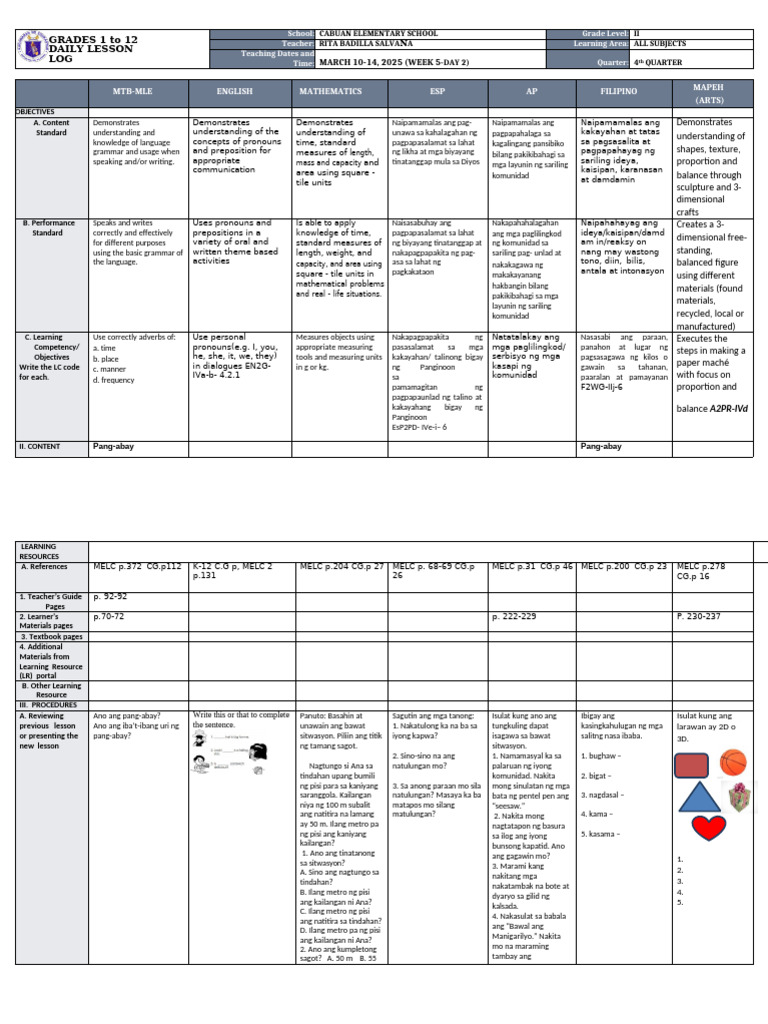 DLL - All Subjects 2 - Q4 - W5 - D2 | PDF