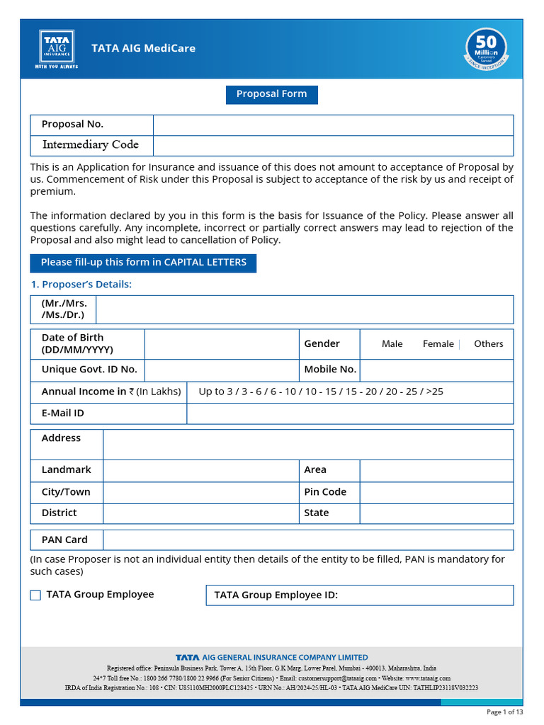 Tata Mediclaim Medicare Form | PDF | Insurance | Underwriting