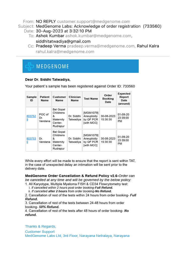 MedGenome Labs Acknowledge of Order Registration (733560) | PDF | Genetics