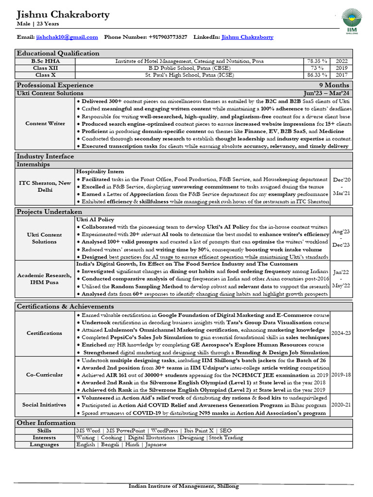 Jishnu Chakraborty - CV - Intern | PDF | Marketing