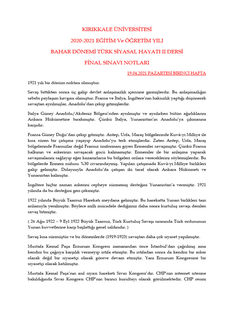 Türk Siyasal Hayatı II Dersi Final Notları .... | PDF