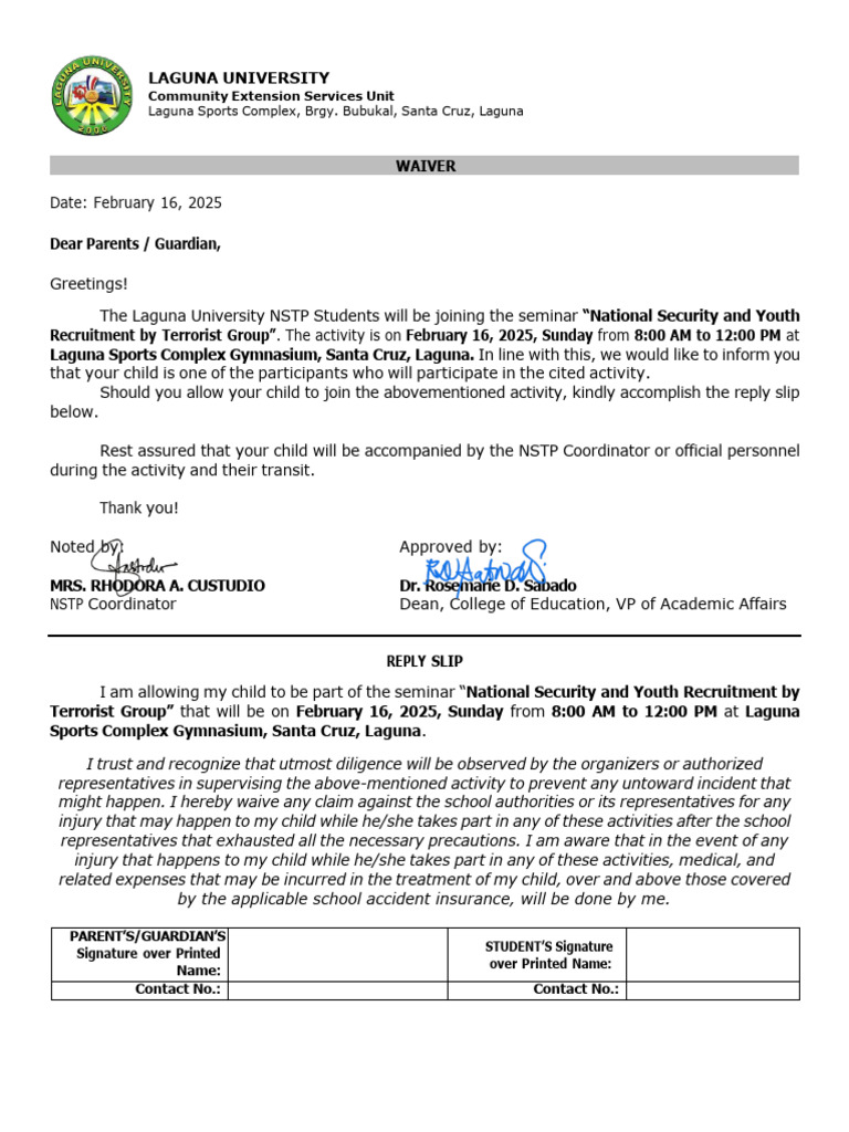 LU AA FO 150 CONSENT FORM Seminar 1 | PDF