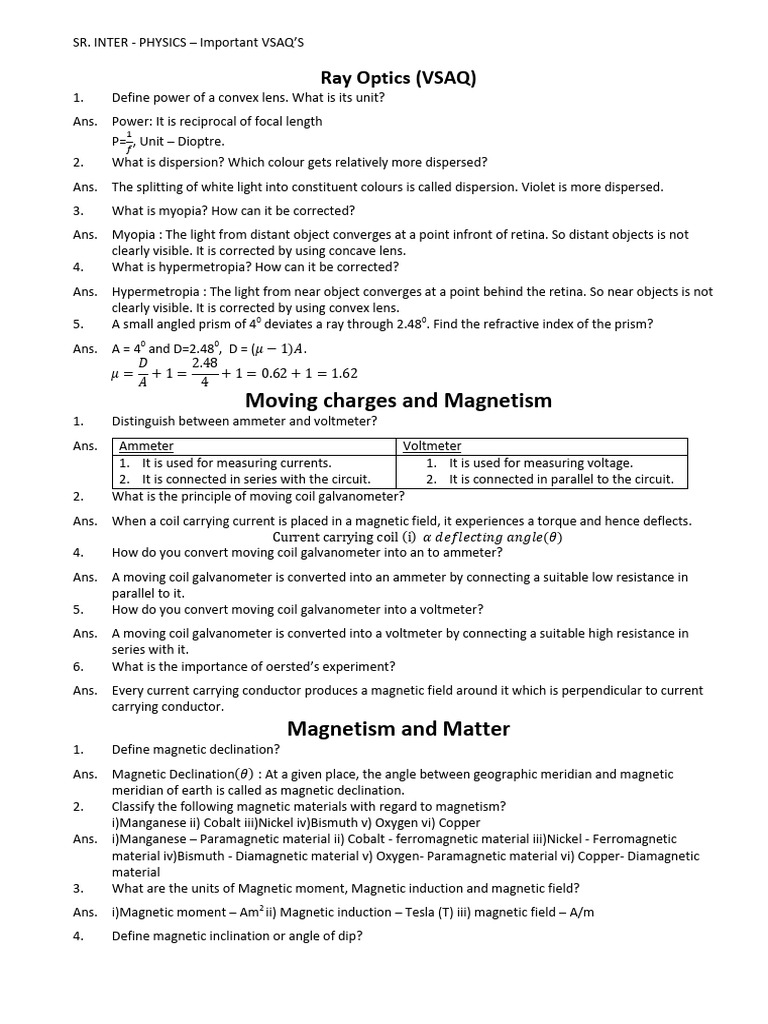 VSAQ Questions For Sr. Inter Physics - Pre Final - New | PDF | Photoelectric Effect | Magnetism