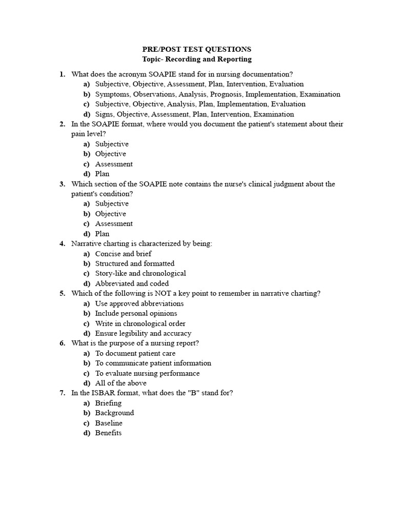 POST Test Questions Recoridng and Reporting | PDF | Evaluation | Nursing