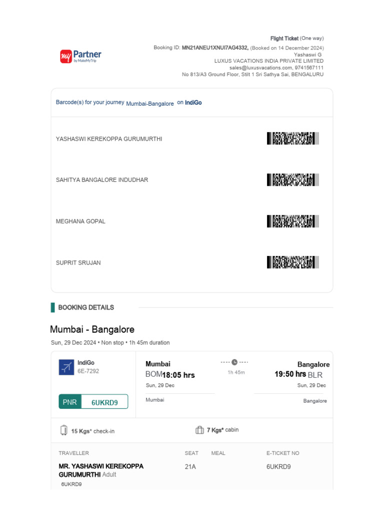 ETicket - MN21ANEU1XNUI7AG4333 BOM - BLR | PDF | Aviation