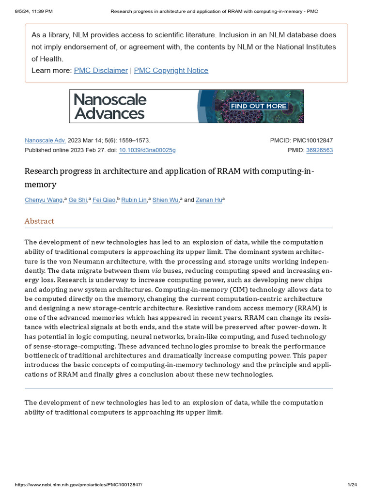 Research Progress in Architecture and Application of RRAM With Computing-In-Memory - PMC | PDF ...