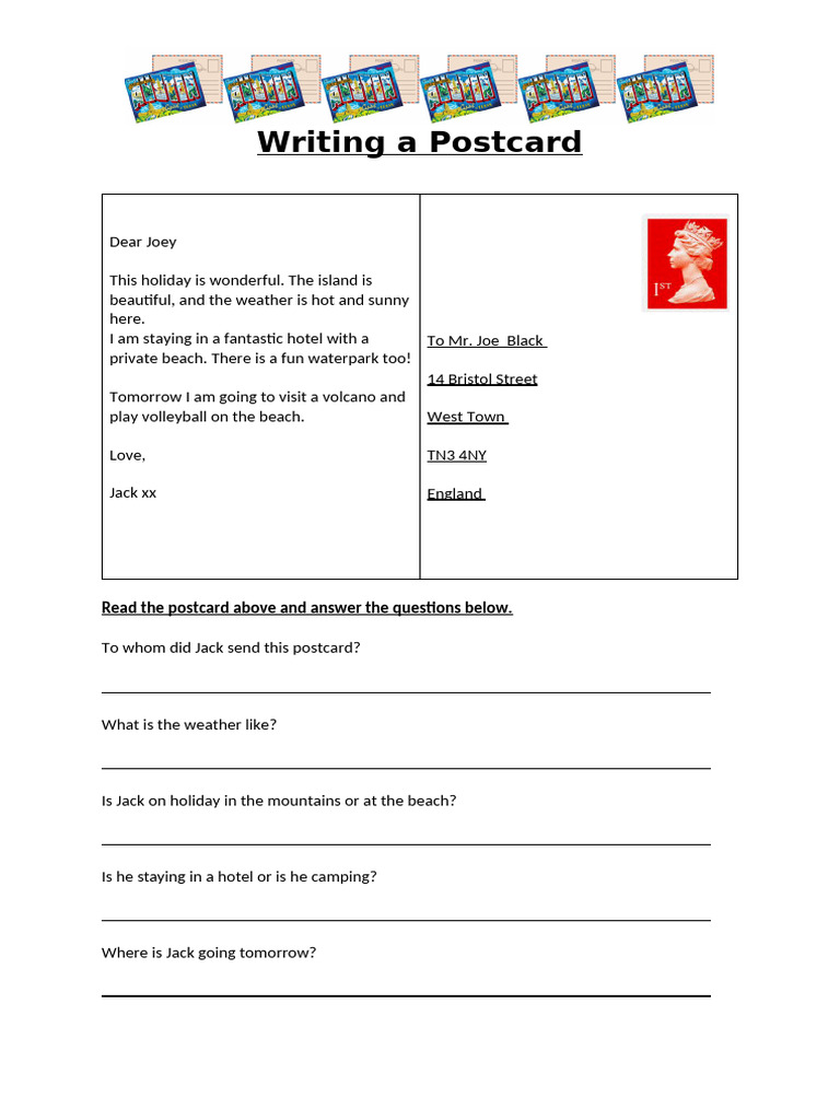 Postcard Writing Example and Questions | PDF