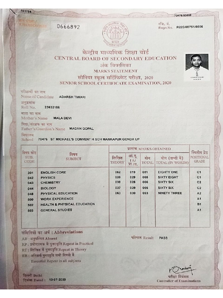 class 12th marksheet | PDF