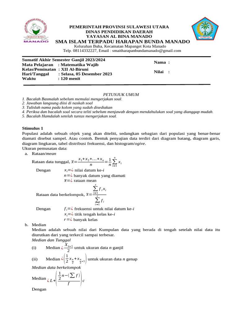 SOAL SAS GANJIL XII MTK WAJIB | PDF