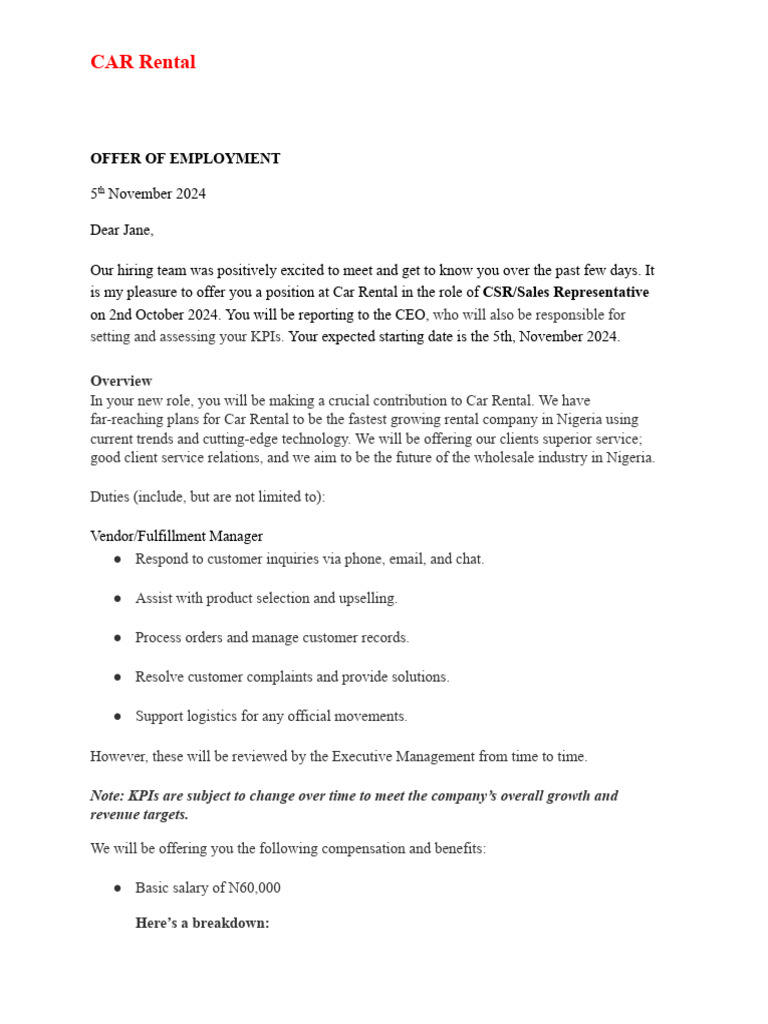 Car Rental Employment Offer Letter | PDF | Identity Document | Business