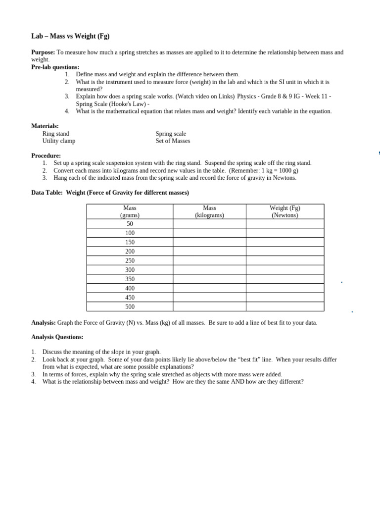 Lab - Mass Vs Weight (FG) | PDF