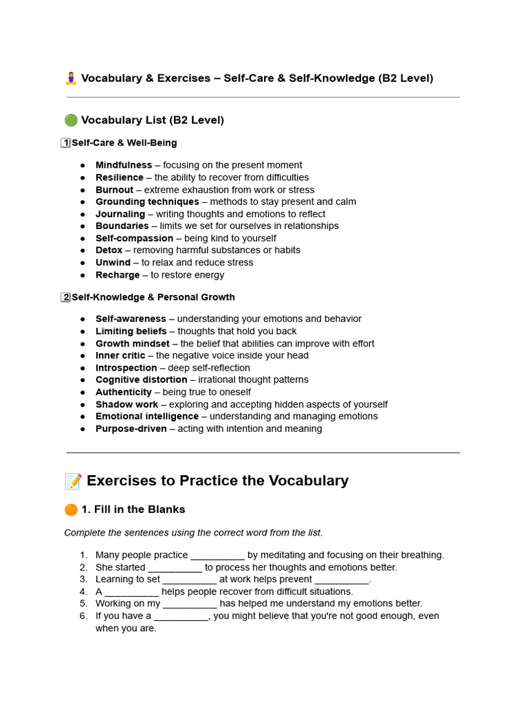 Vocabulary & Exercises - Self-Care & Self-Knowledge (B2 Level) | PDF ...