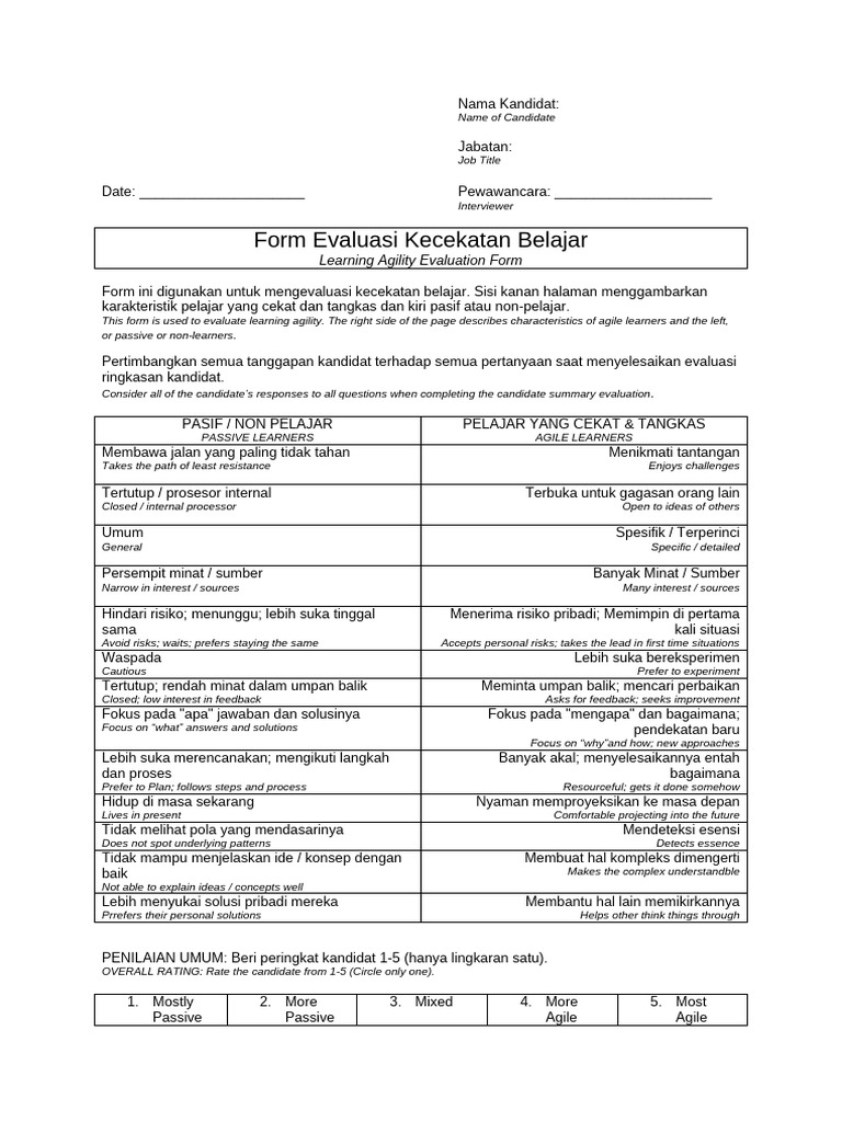Learning Agility Evaluation Form | PDF | Behavior Modification ...
