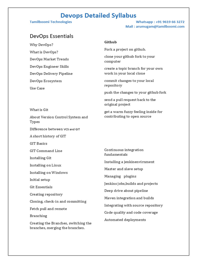DevOps_Detailed_syllabus-Tamilboomi_Technologies | PDF | Version Control | Software Engineering