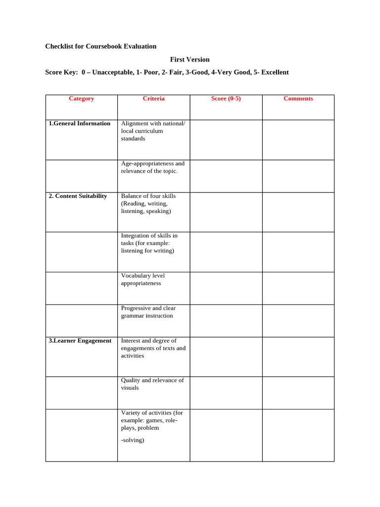 Checklist For Coursebook Evaluation Revised | PDF | Learning ...