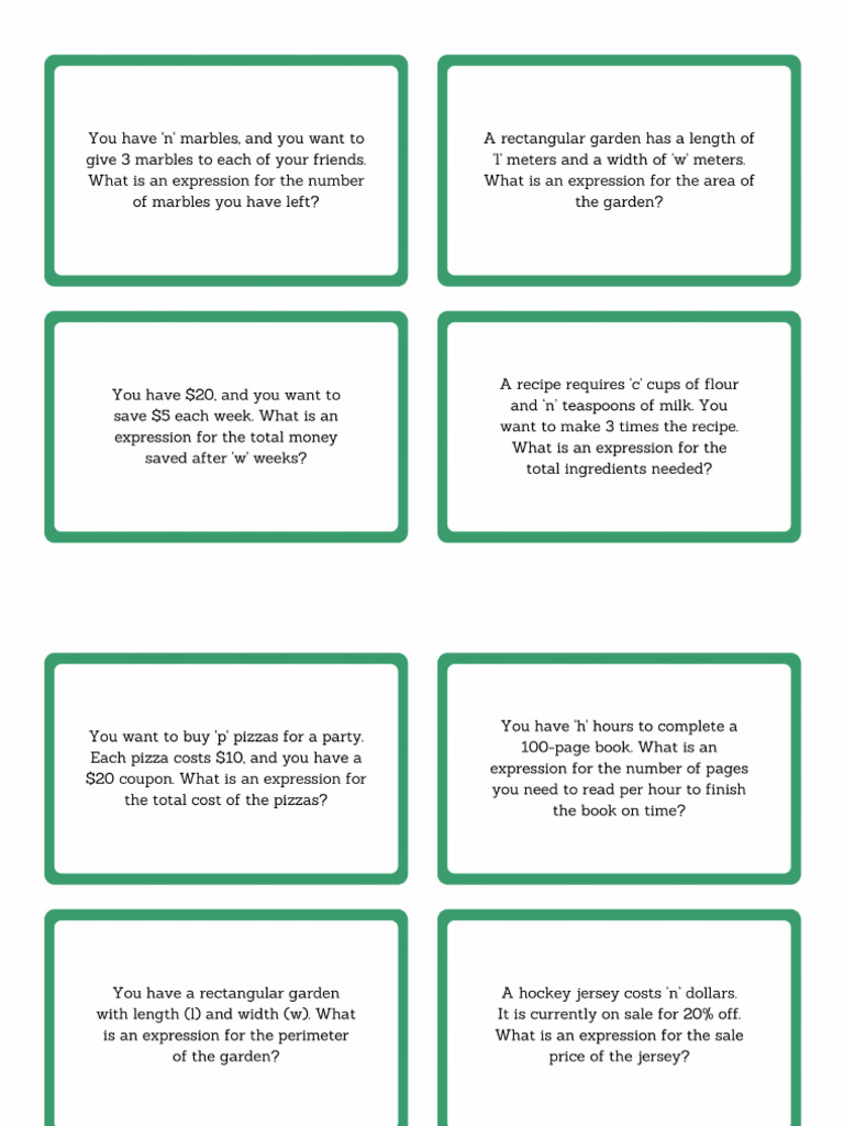 Formulating Algebraic Expressions Maths Flashcards in Green White Flat ...