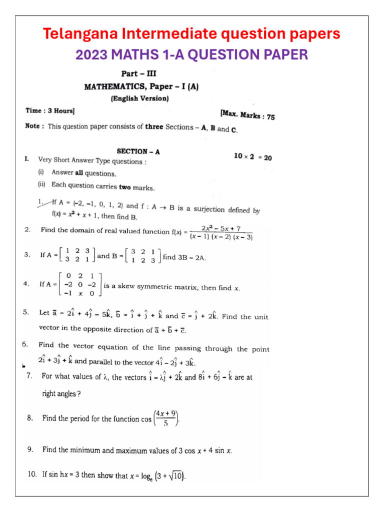 2017 2019 2023 Maths 1a TS Board Previous Papers | PDF