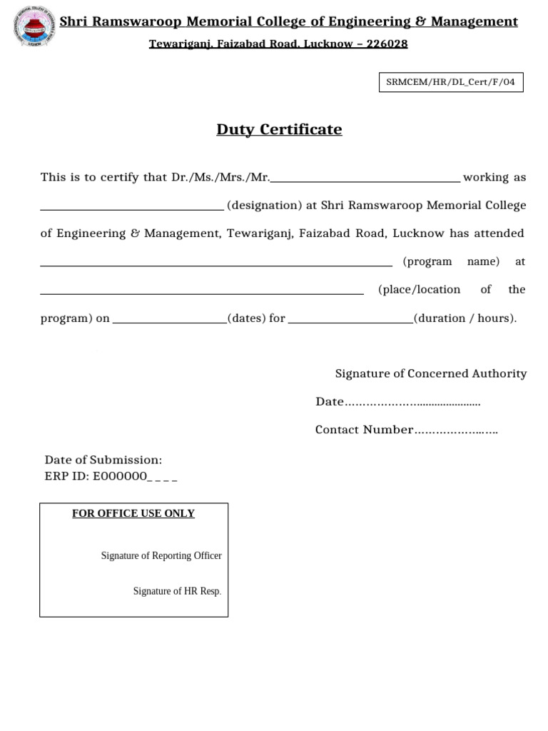 Duty Certificate | PDF