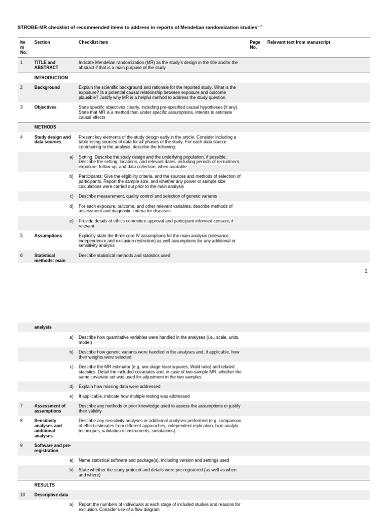 STROBE MR Checklist Fillable | PDF | Statistics | Sensitivity Analysis