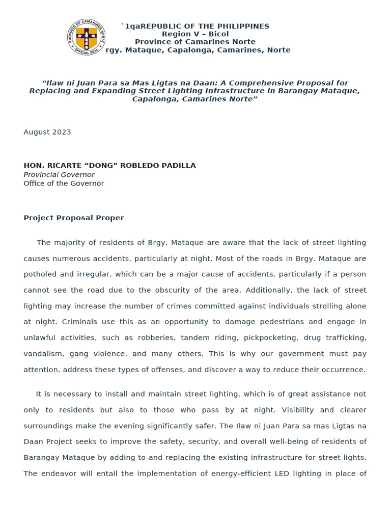 Street Lighting Proposal for Barangay Mataque | PDF | Efficient Energy ...
