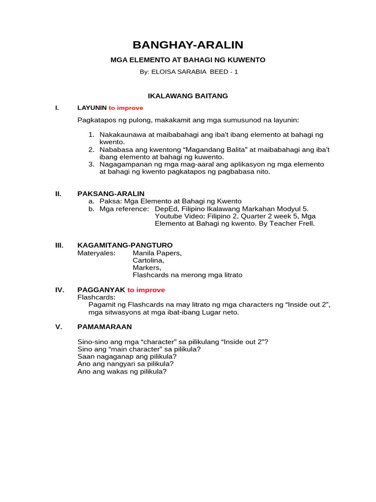 Banghay-Aralin Elemento at Bahagi NG Kuwento | PDF