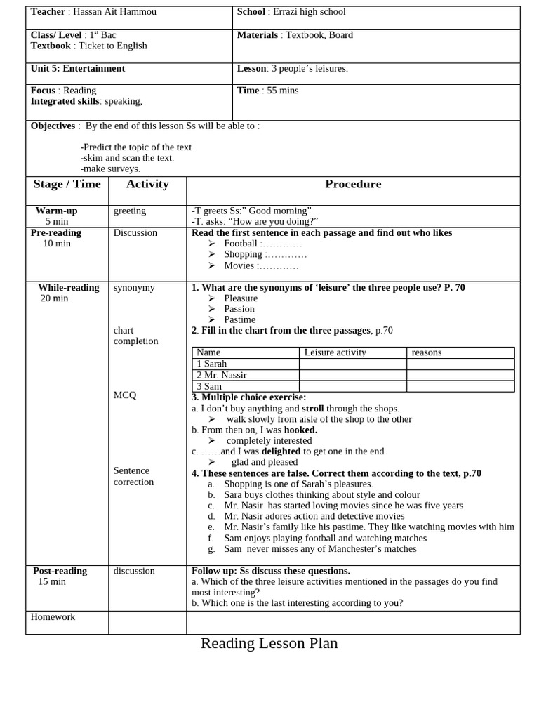 1st Bac Leisure Activities Lesson Plan | PDF