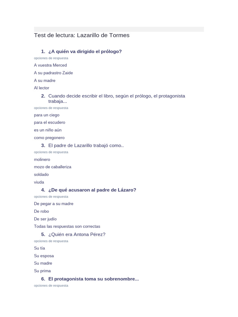 Test de lectura sobre Lazarillo de Tormes | PDF