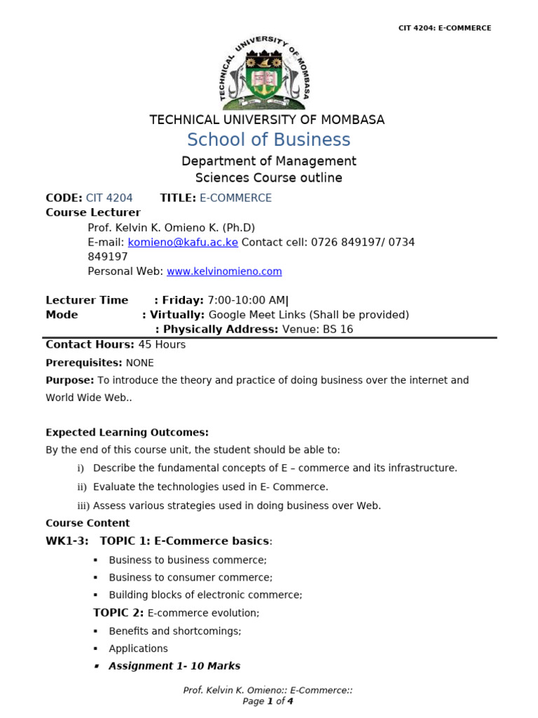 E-Commerce Course Outline CIT 4204 | PDF | E Commerce | Internet